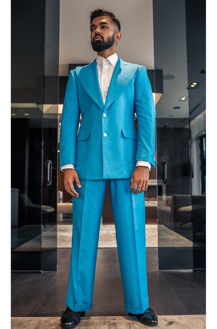 Yram Cyan Blue Single Breasted Butterfly Suit